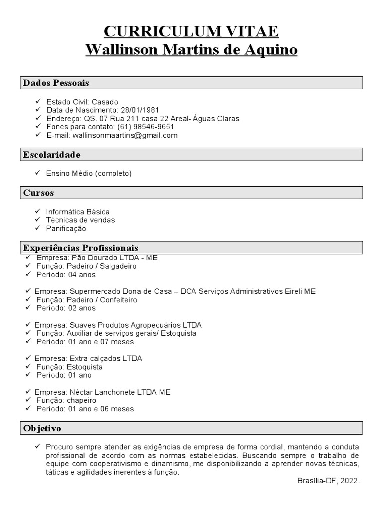 Curriculum Vitae Wallinson Martins de Aquino: Dados Pessoais | PDF | Carreira e Crescimento