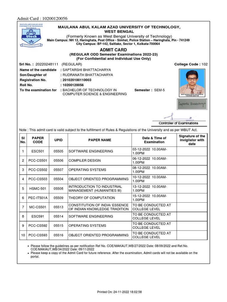 Admit Card 5th Sem | PDF | Computing