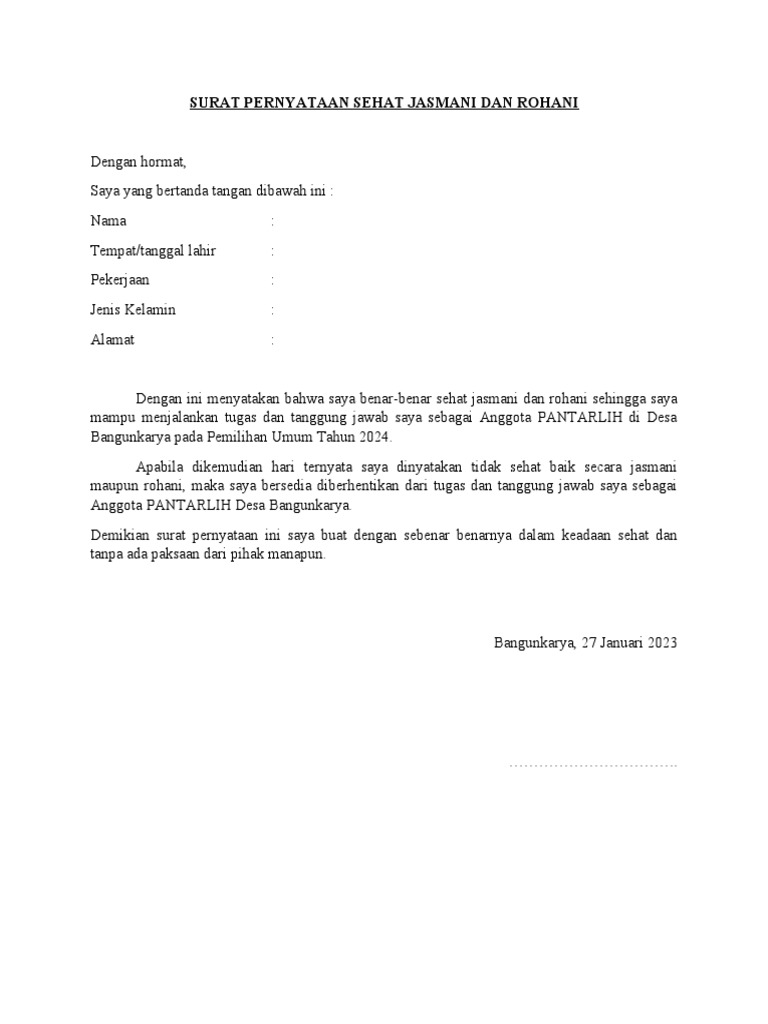 Contoh Surat Pernyataan Sehat Jasmani Dan Rohani | PDF