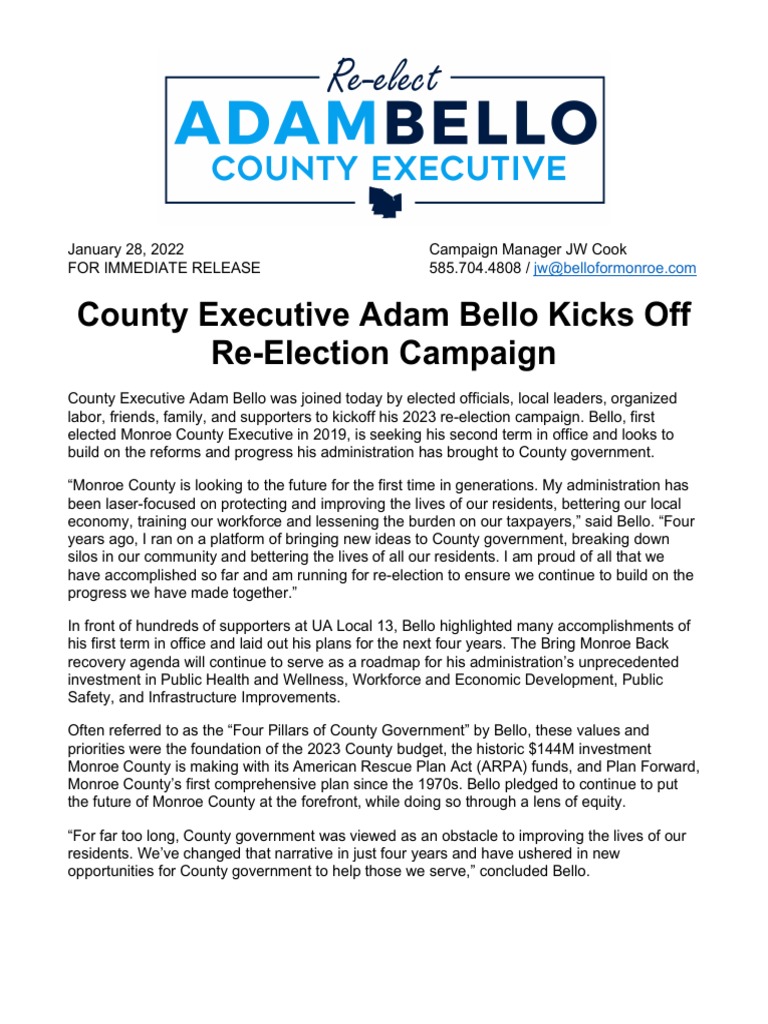 Adam Bello Kickoff Press Release | PDF | Democratic Party (United ...