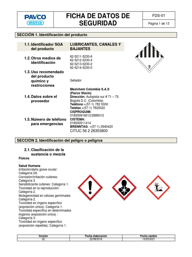 Ficha de Seguridad Lubricante Pavco | PDF | Residuos | Agua