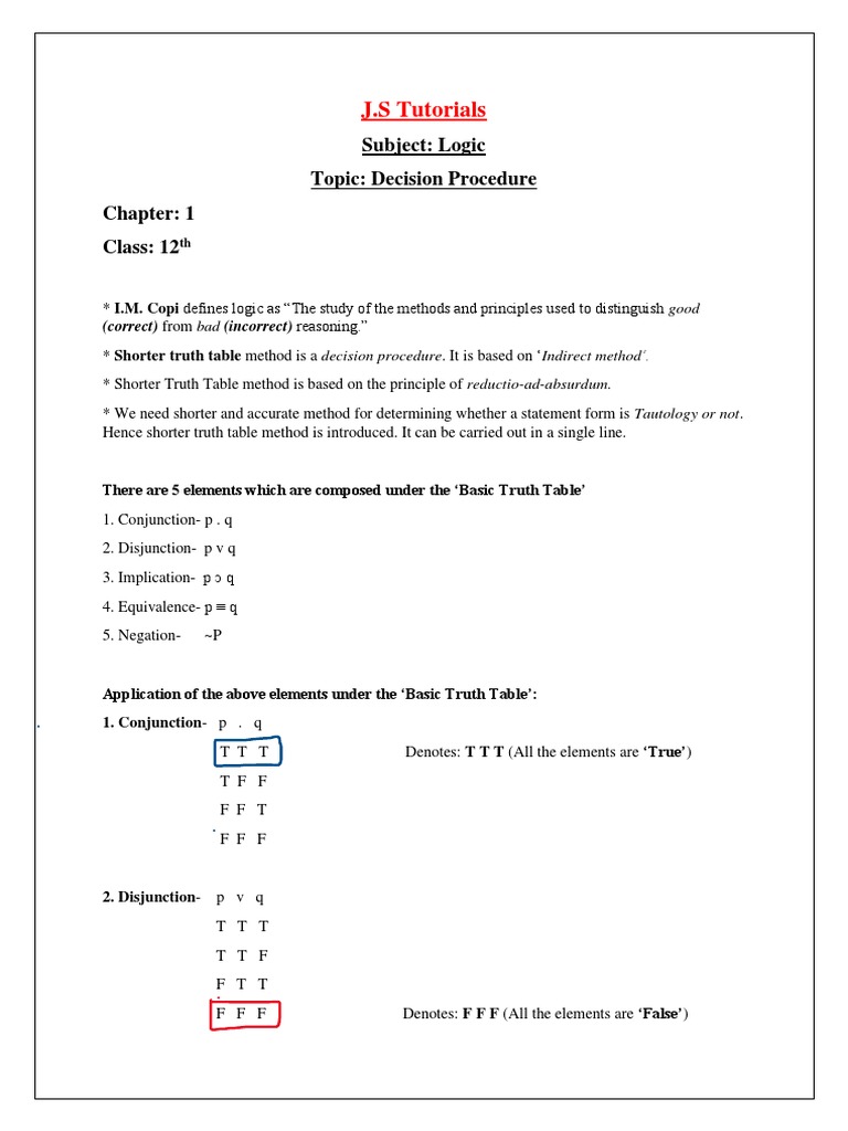 Logic Chapter 1 Decision Procedure Pdf Contradiction Truth