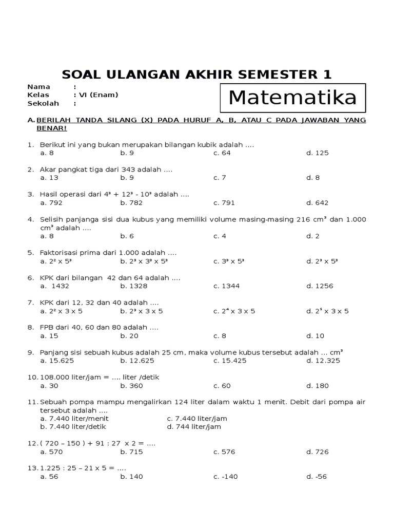 Soal UAS Matematika Kelas 6 SD Semester | PDF