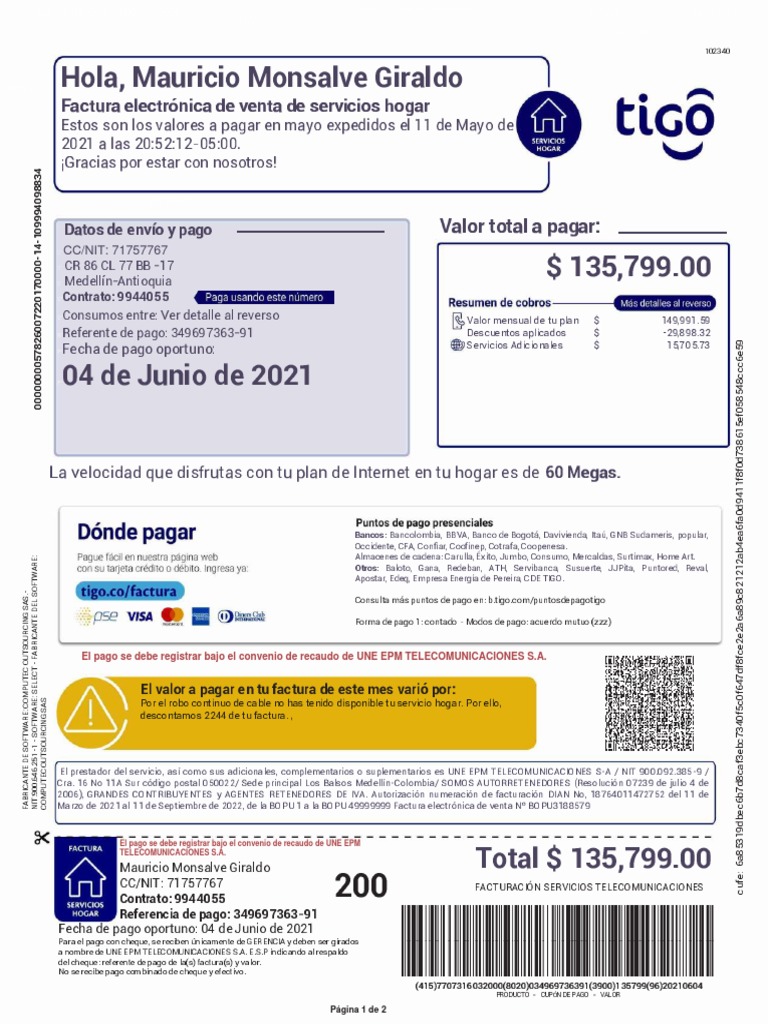 Factura Une Tigo Mayo 2021 | PDF | Servicios financieros | Business