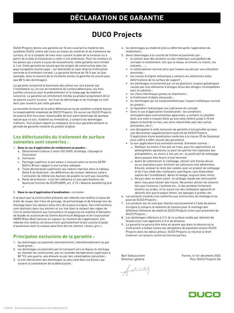 De - Claration de Garantie DUCO Projects (FR) | PDF