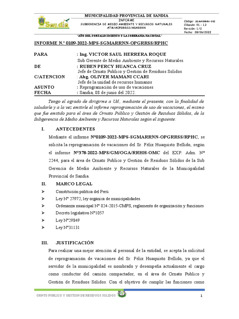 INFORME 0109 - Reprogramacion de Vacaciones FELIX - 2022-MPS | PDF | Gobierno | Justicia