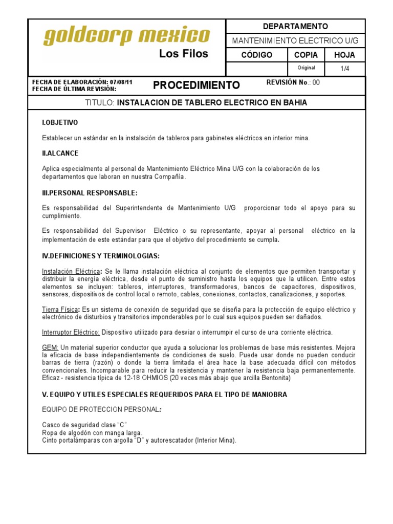 Instalación de tablero eléctrico subterráneo: procedimiento para la ...