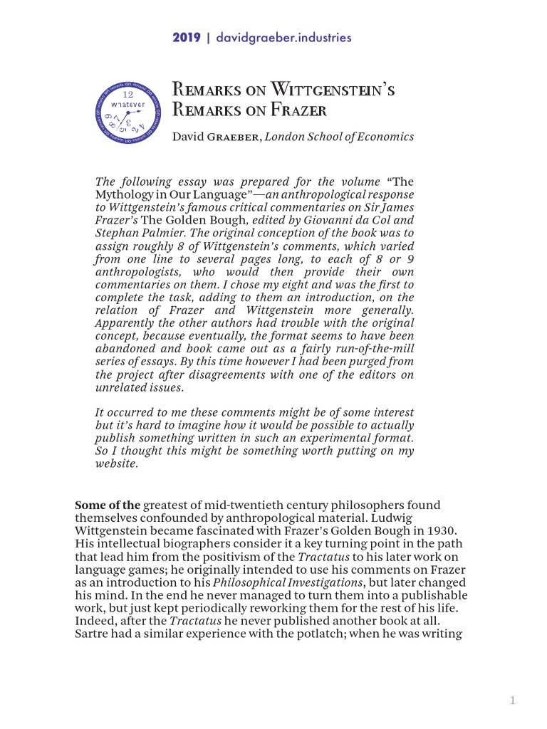 2019 Remarks On Wittgensteins Remarks of Frazer | PDF | Ludwig ...