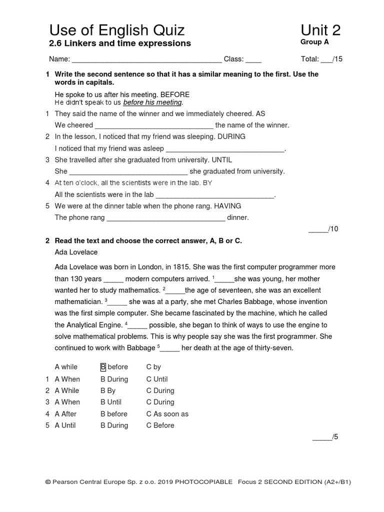 Focus 2 2ed UoE Quiz Unit2 GroupA | PDF