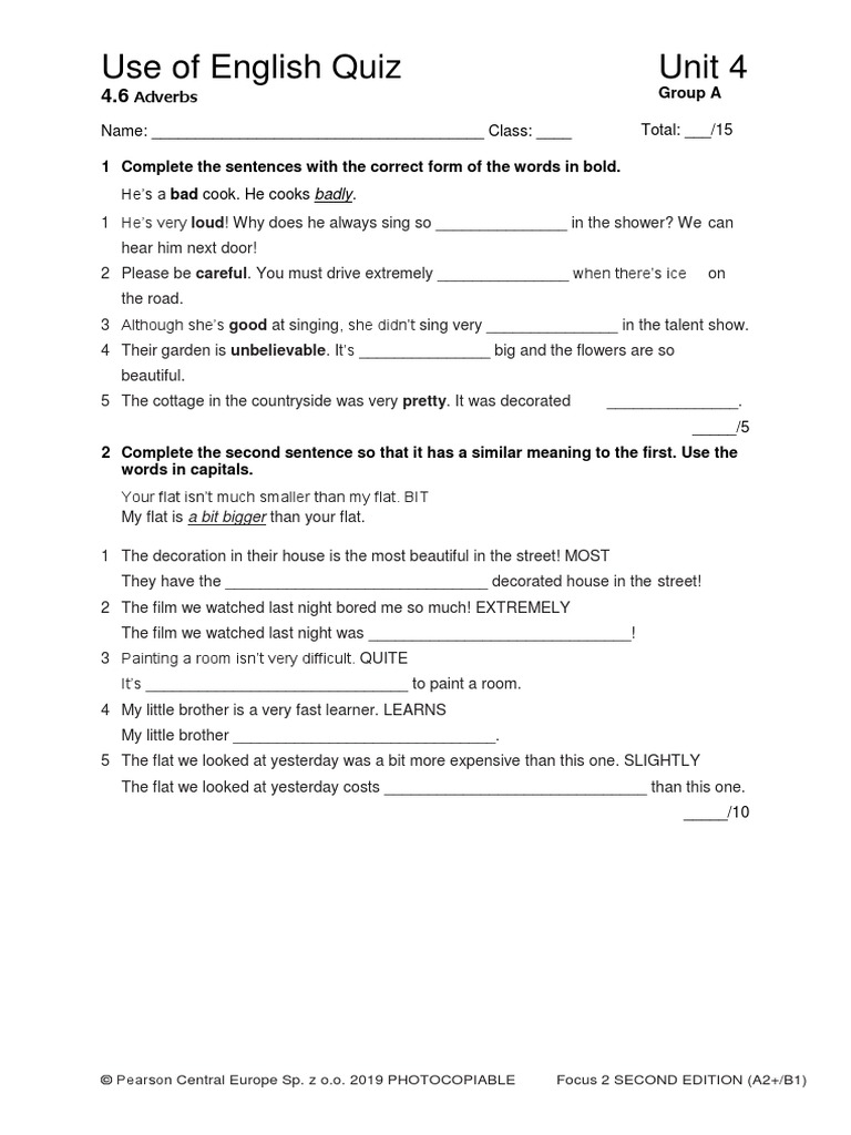Focus 2 2ed UoE Quiz Unit4 GroupA | PDF