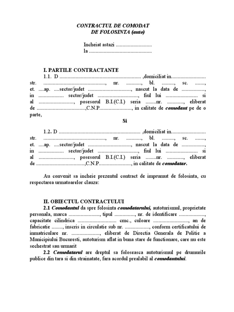 Contract de Comodat Auto | PDF Contract de Comodat Auto | PDF