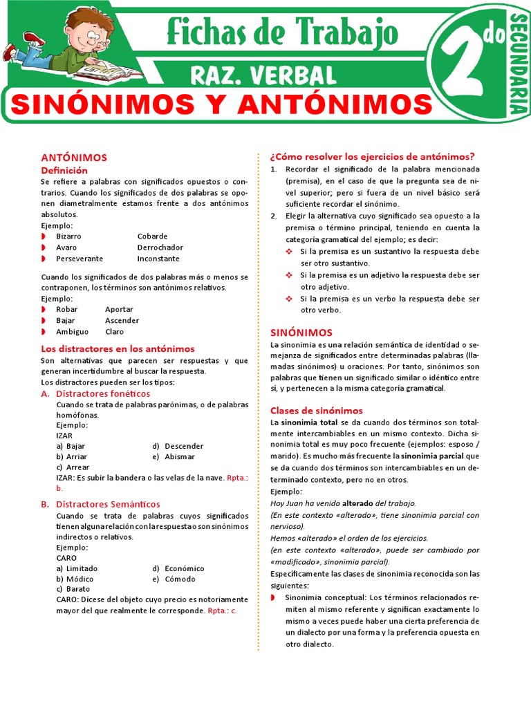 Sinonimos y Antonimos para Segundo Grado de Secundaria | PDF | Sustantivo | Verbo