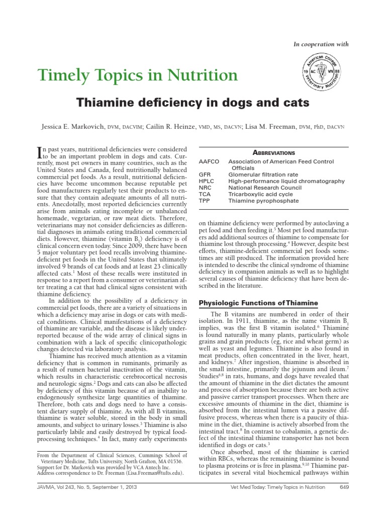Thiamine Deficiency in Cats and Dogs | PDF | Vitamin | Dose (Biochemistry)