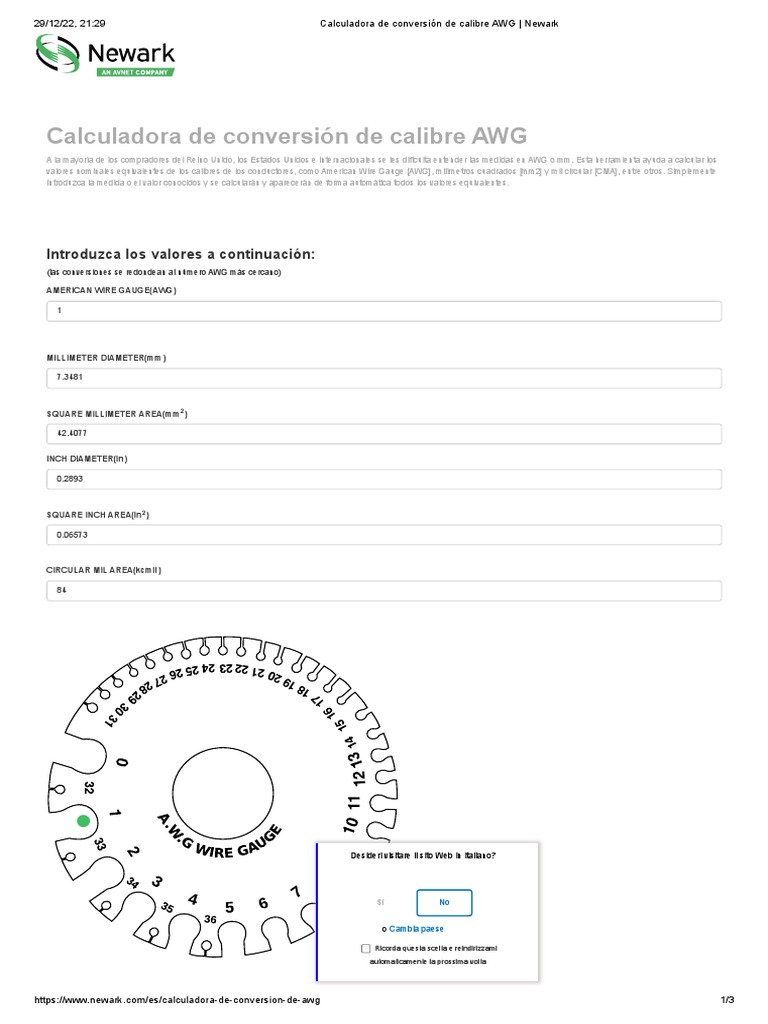 Calculadora de Conversión de Calibre AWG - Newark | PDF | Cable ...