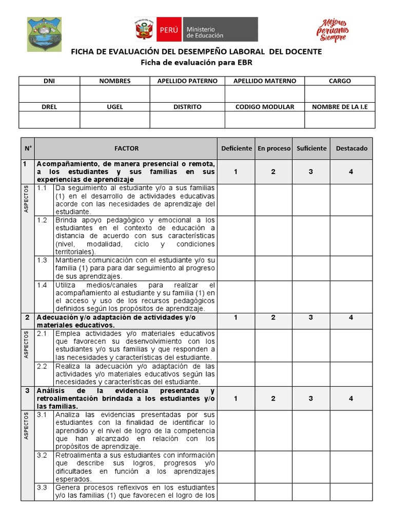 Ficha de Evaluacion Del Desempeño Docente para La Contratacion 2022 | PDF | Aprendizaje | Evaluación