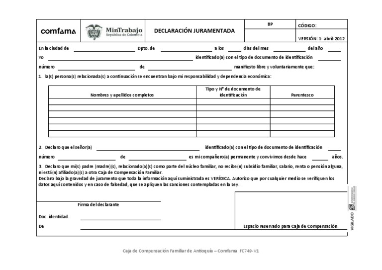 Declaracion Juramentada de COMFAMA | PDF