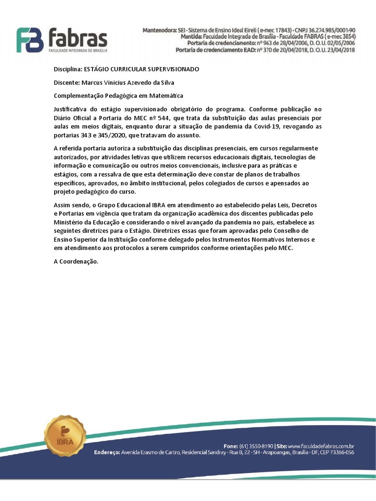 Modelo de Estágio Supervisonado IBRA | PDF | Science | Matemática