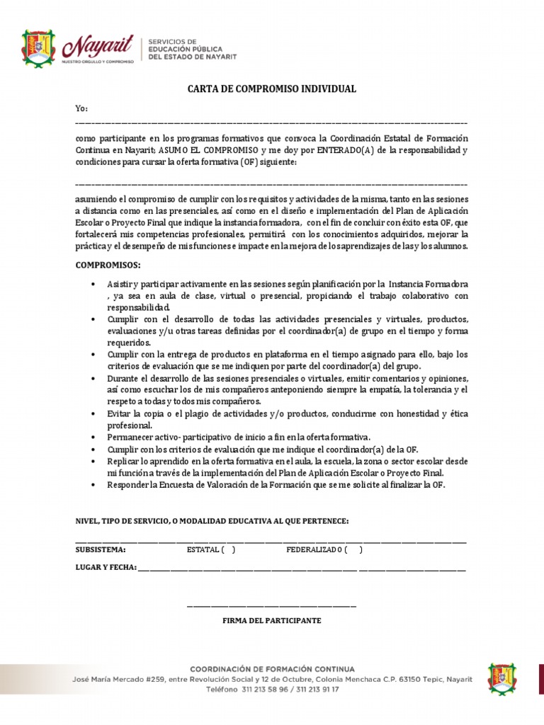 CARTA DE COMPROMISO INDIVIDUAL 2022. Ok | PDF | Evaluación | Aprendizaje