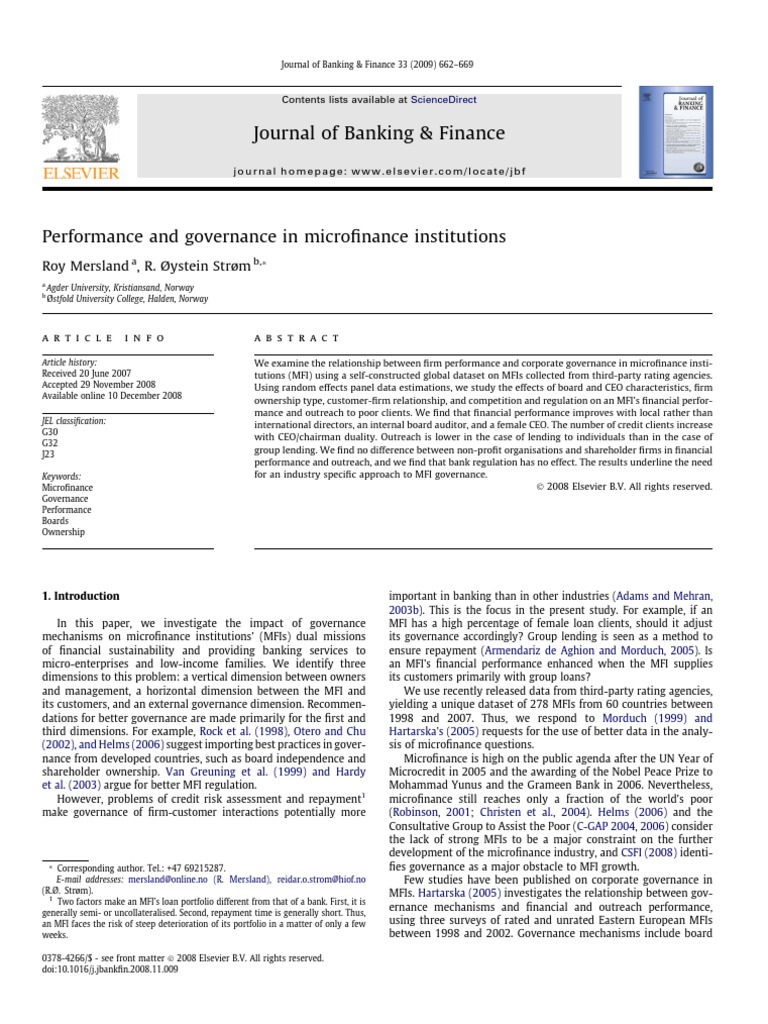 Performance and Governance in Microfinance Institutions | PDF | Microfinance | Multicollinearity
