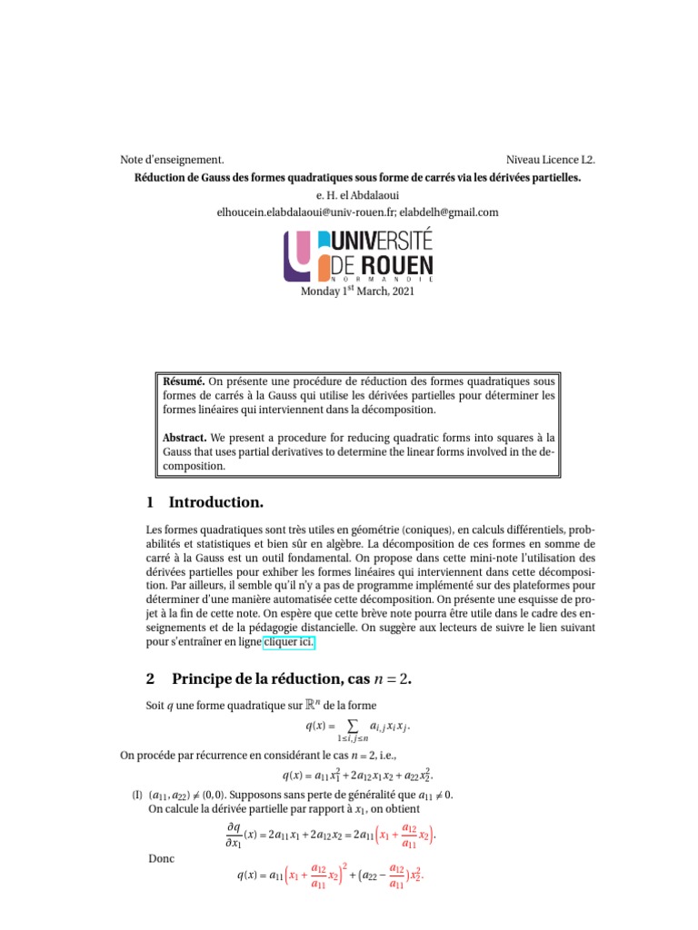 Réduction de Gauss des formes quadratiques | PDF