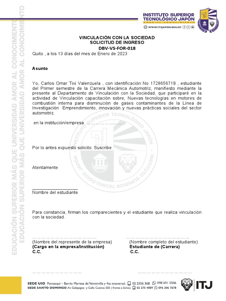 1 Formulario Solicitud de Ingreso A Vinculación AV 1 | PDF