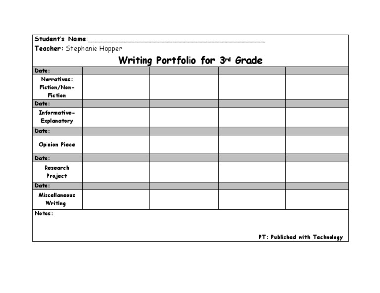 Writing Portfolio For 3 Grade: Student's Name: - Teacher: Stephanie ...