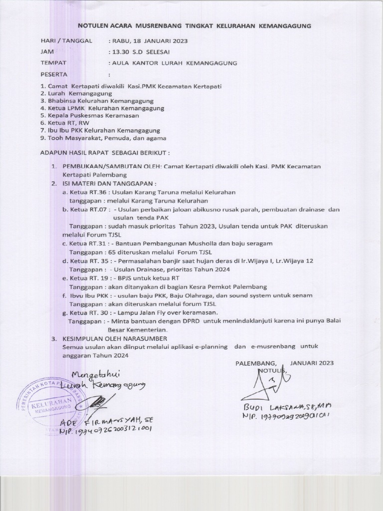 Berita Acara & Notulen Kel - Kemangagung | PDF