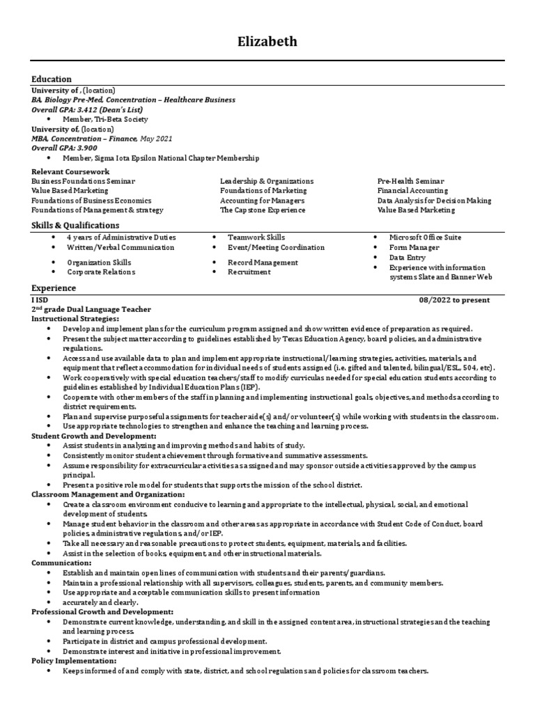 Elizabeth Resume 2023 | PDF | Individualized Education Program | Teachers