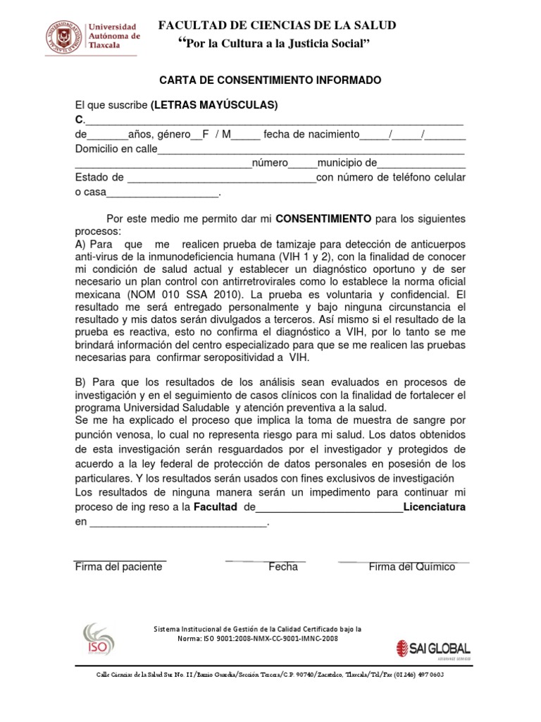 Carta Consentimiento Informado | PDF | VIH | Consentimiento informado