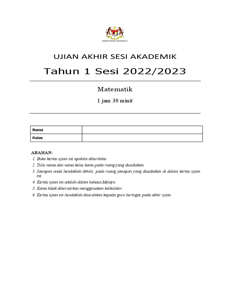 Ujian Akhir Sesi Akademik Matematik 1 Jam 30 Minit PDF
