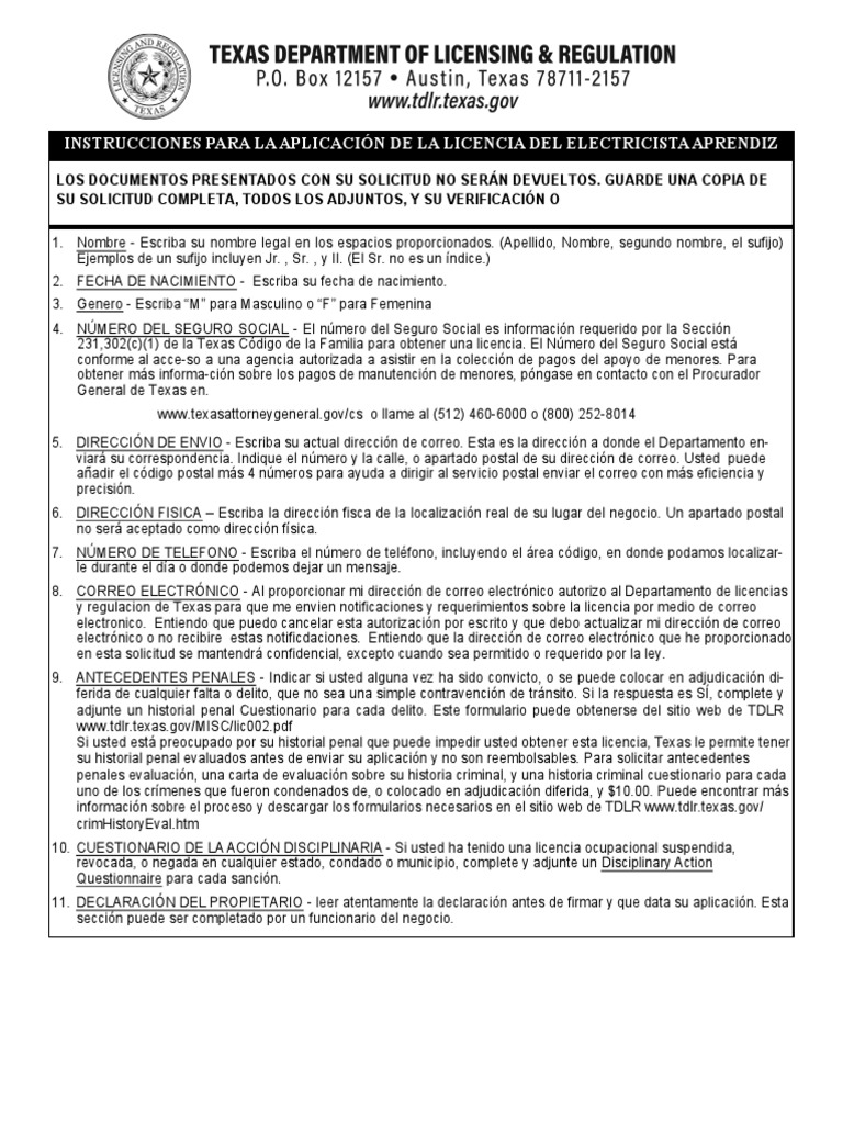 ELC001SPAN Apprentice Electrician License Application Spanish | PDF ...