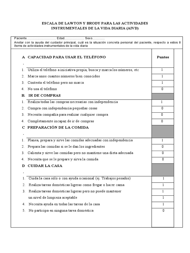 Escala de Lawton y Brody para Las Actividades Instrumentales de La Vida Diaria | PDF
