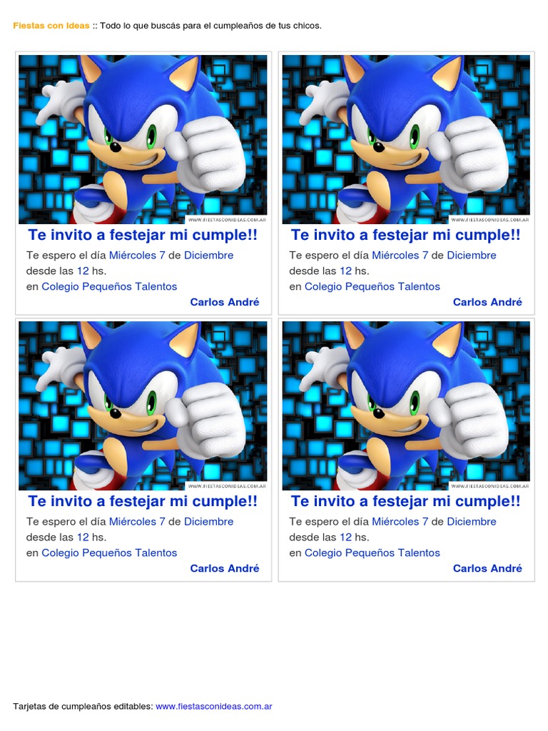 Tarjeta Invitacion Sonic | PDF