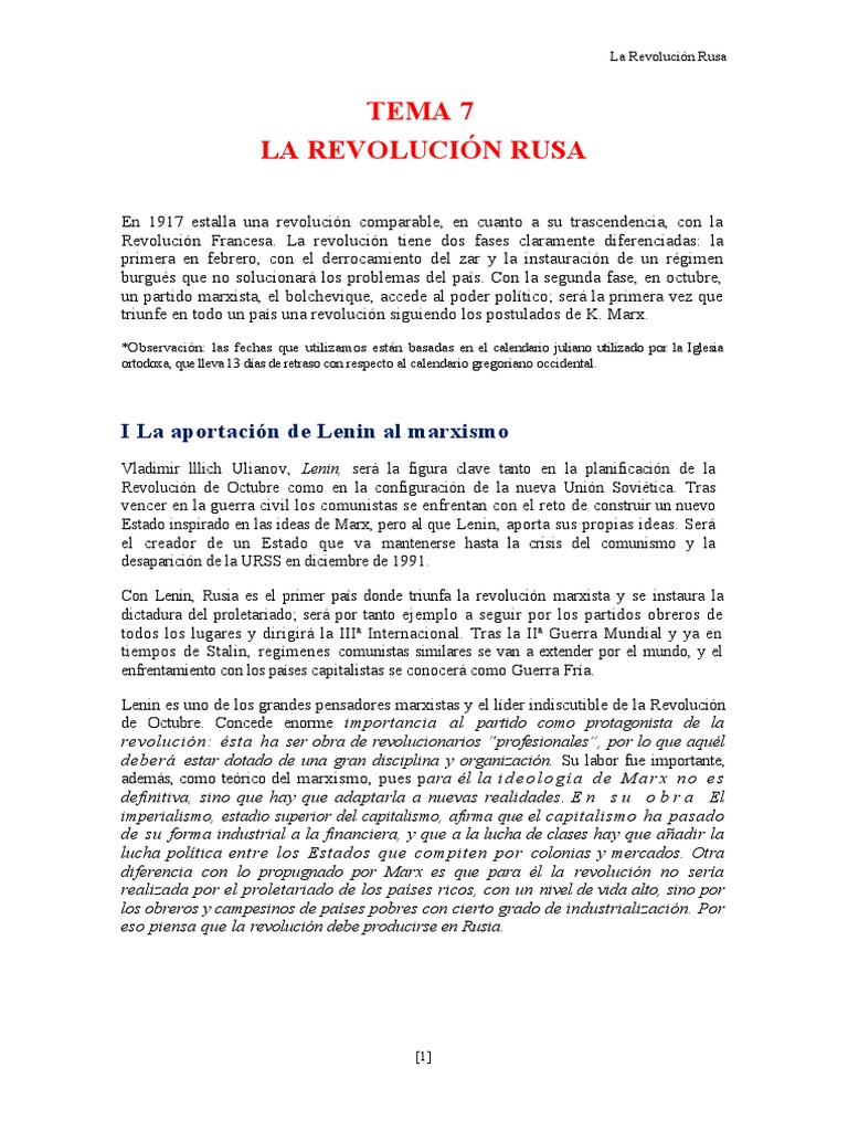 Tema 7-La Revolución Rusa | PDF | Vladimir Lenin | Imperio ruso