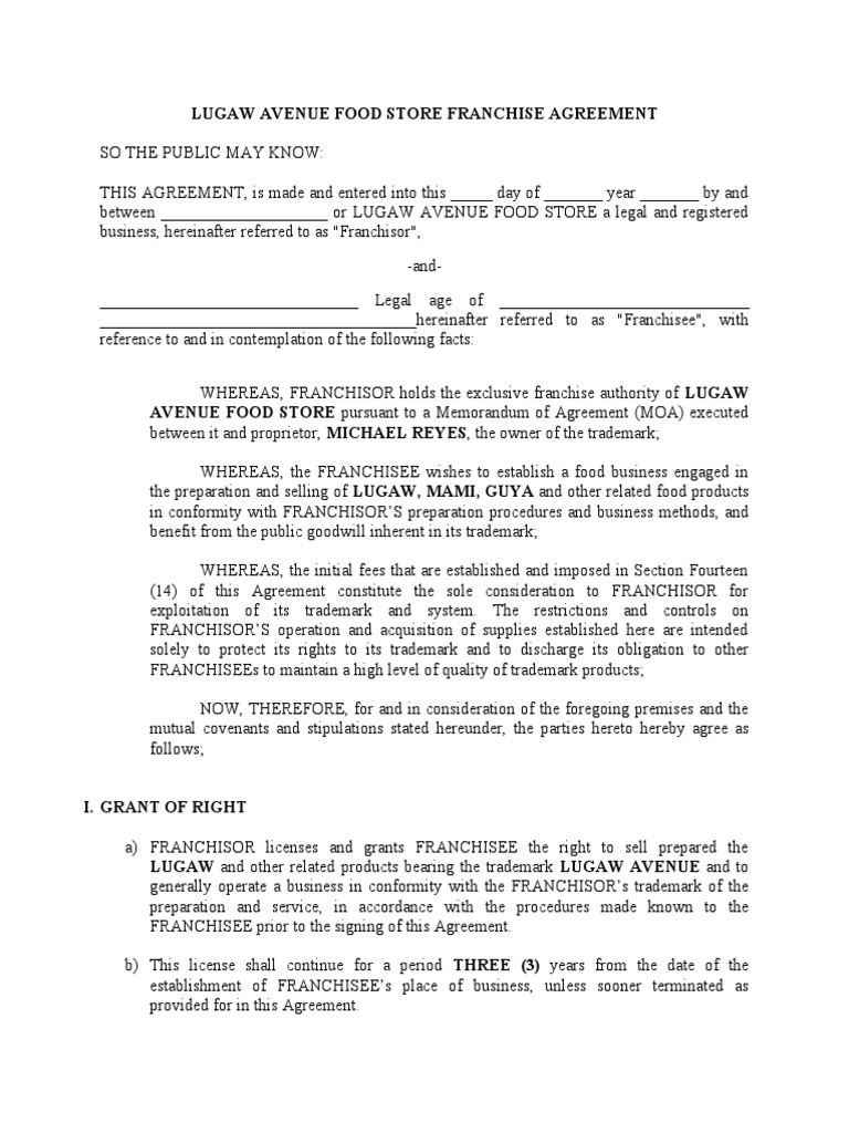 Lugawan Avenue Framchise Agreement | PDF | Franchising | Business
