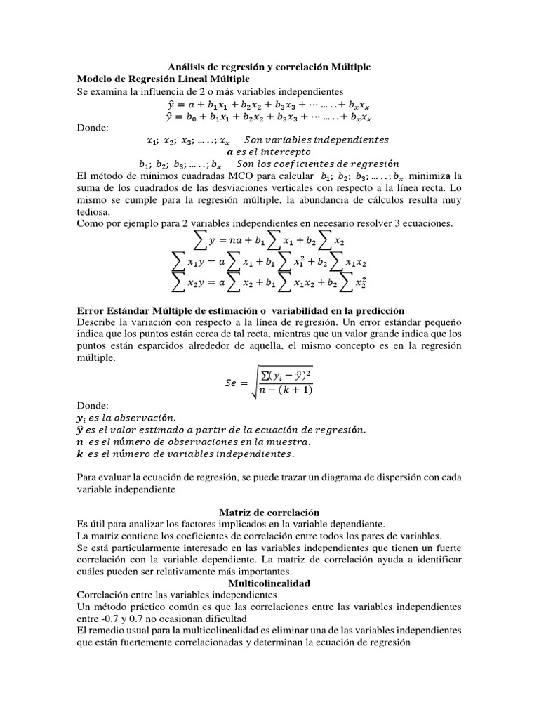 An Álisis de Regresión y Correlación Múltiple Modelo de Regresi Ón Lineal Múltiple | PDF ...