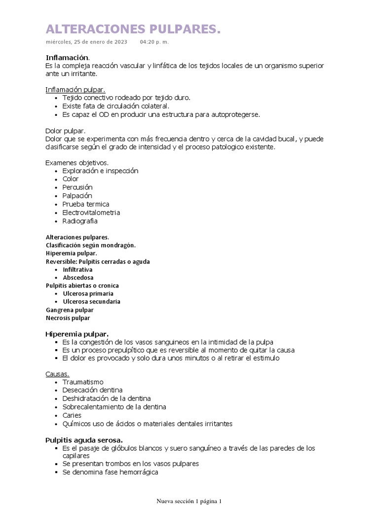 Alteraciones y Dolor Pulpar: Guía Completa | PDF | Dolor | Inflamación