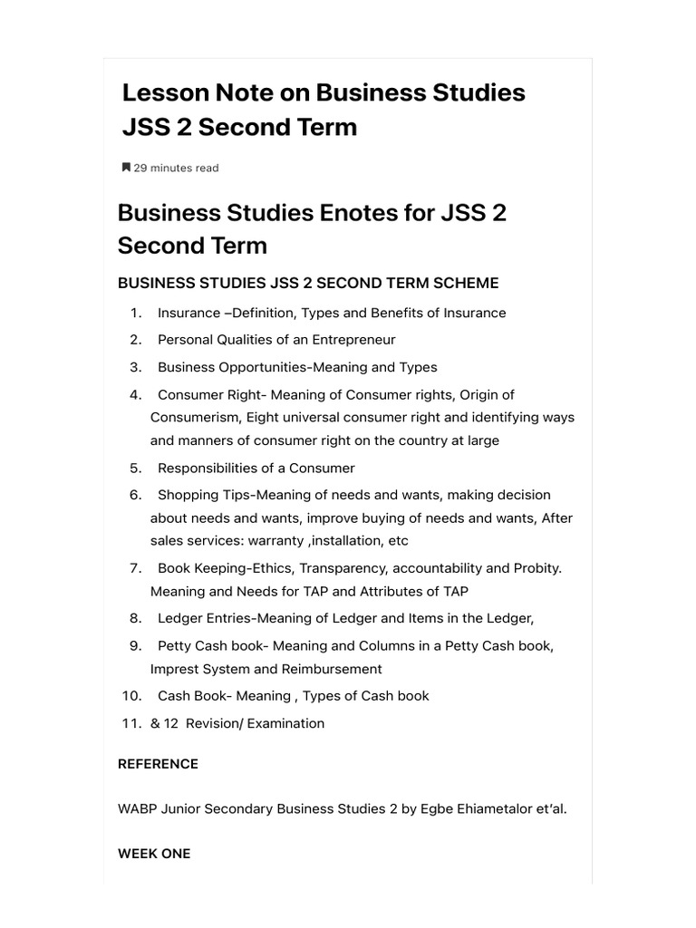 Lesson Note On Business Studies JSS 2 Second Term | PDF | Debits And ...
