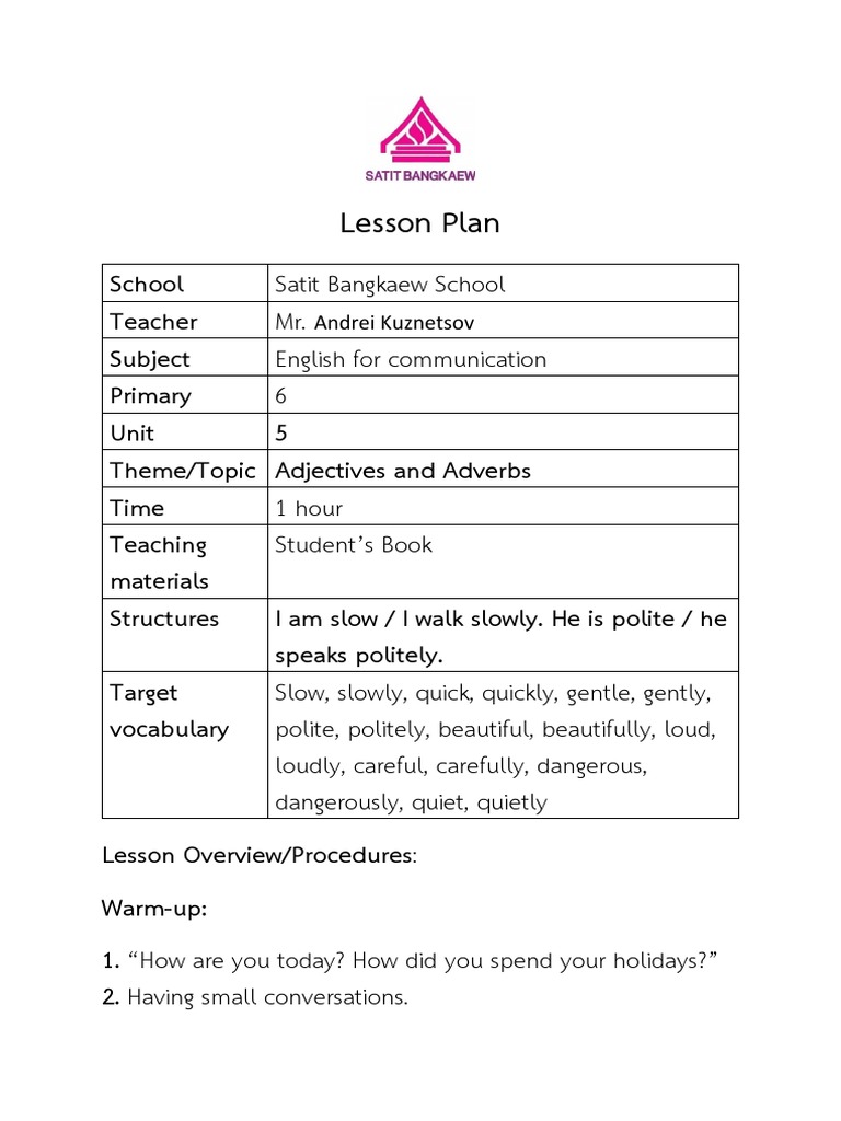 Lesson Plan. Grade 6. Unit 5. Adjectives and Adverbs | PDF