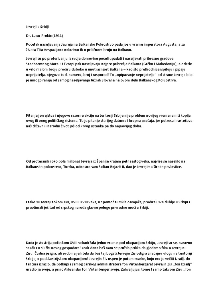 Lazar Prokic - Jevreji U Srbiji | PDF