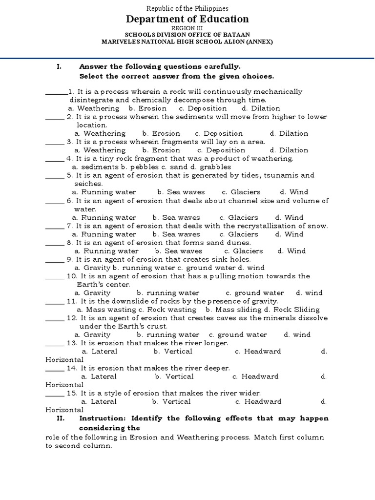 Grade 11 Summative Test in Earth and Life | PDF | Rock (Geology) | Erosion