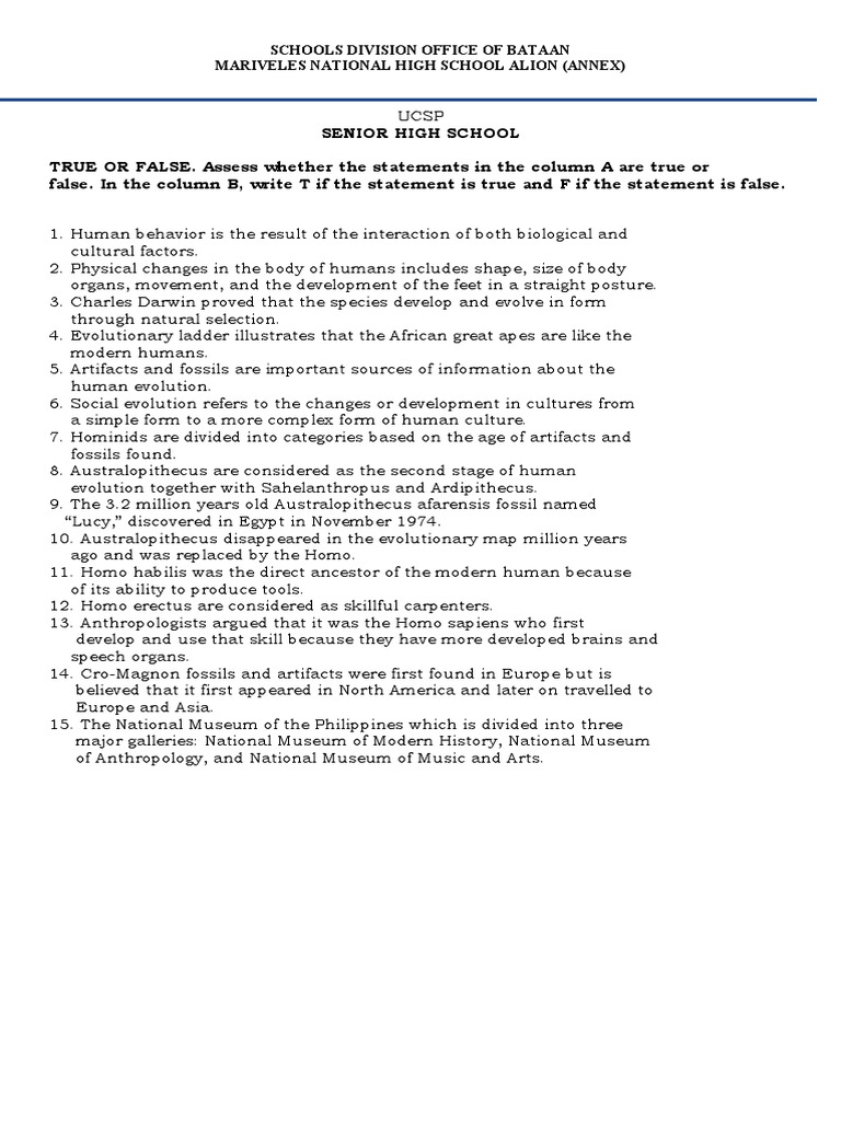 Grade 12 Summative Test in Ucsp | PDF | Homo | Human Evolution