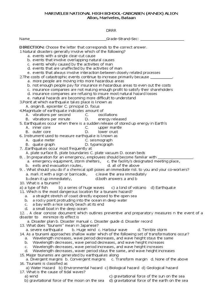 Jarven DRRR Examination. First Examination | PDF | Tsunami | Earthquakes