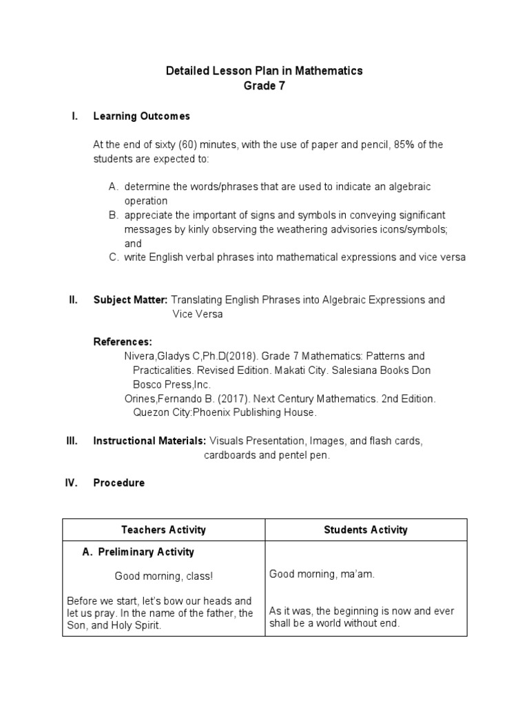 Lesson Plan in Grade 7 | PDF | Variable (Mathematics) | Numbers