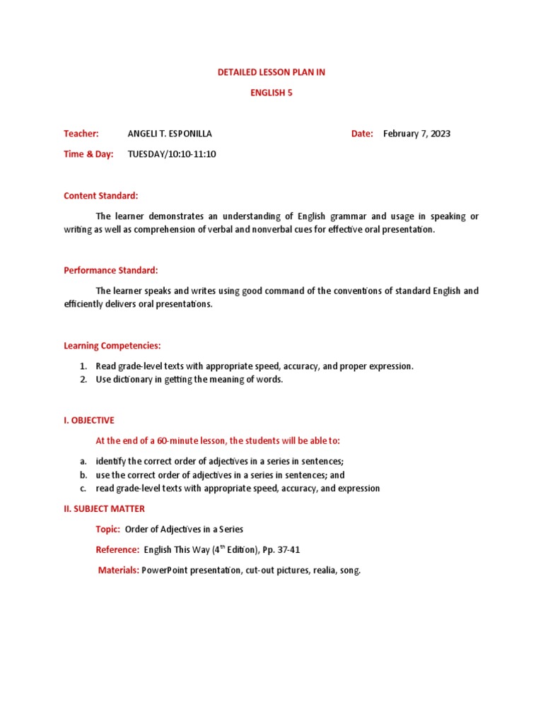 Lesson Plan Order of Adjectives | PDF | Lesson Plan | English Language