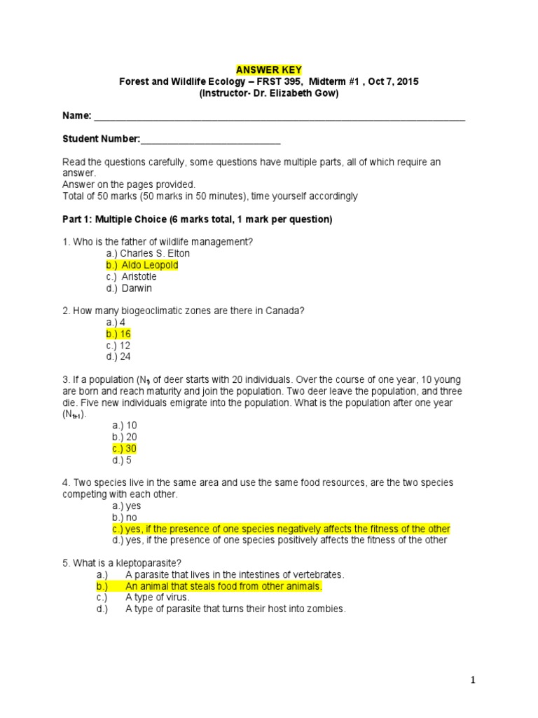 Answer Key Midterm 1 FRST395 For Students | PDF | Experiment | Parasitism