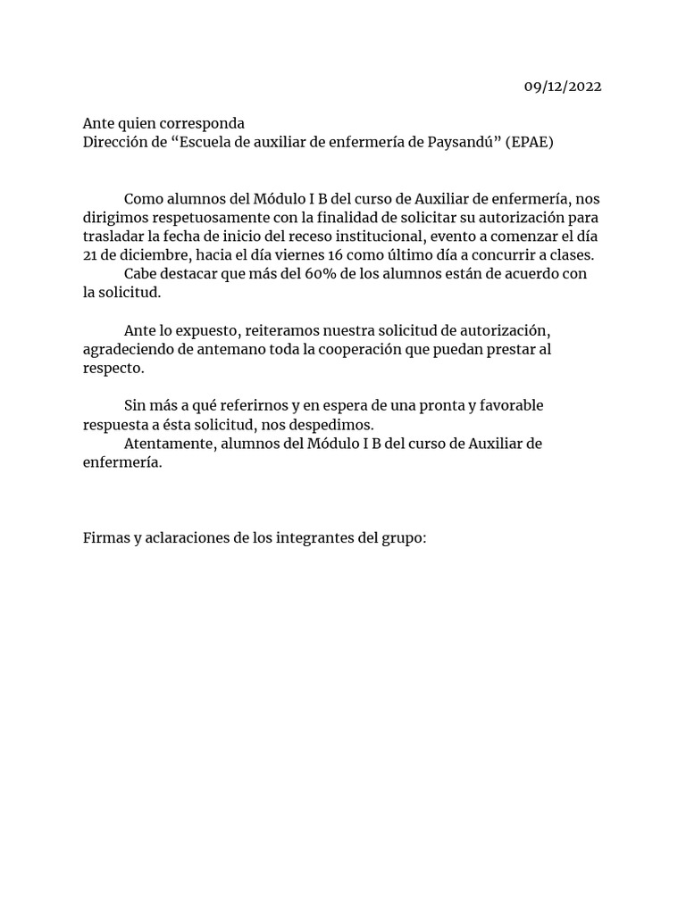 Carta Trasladar La Fecha de Inicio Del Receso Institucional | PDF ...