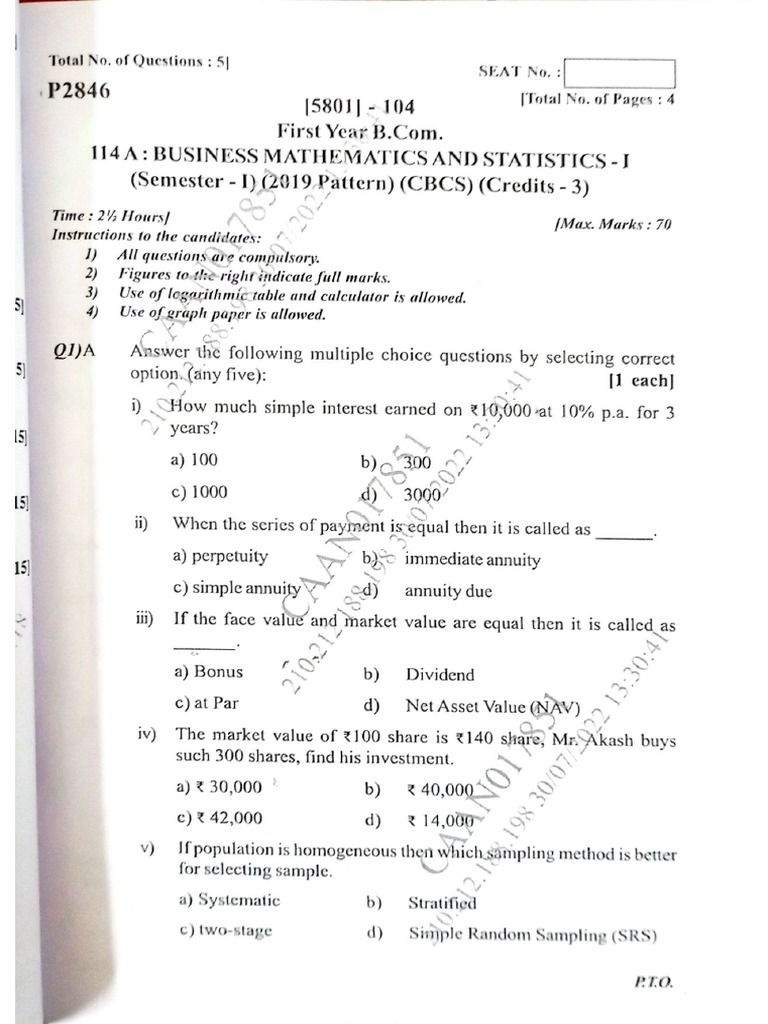 Bus - Maths & Stats-I Paper | PDF