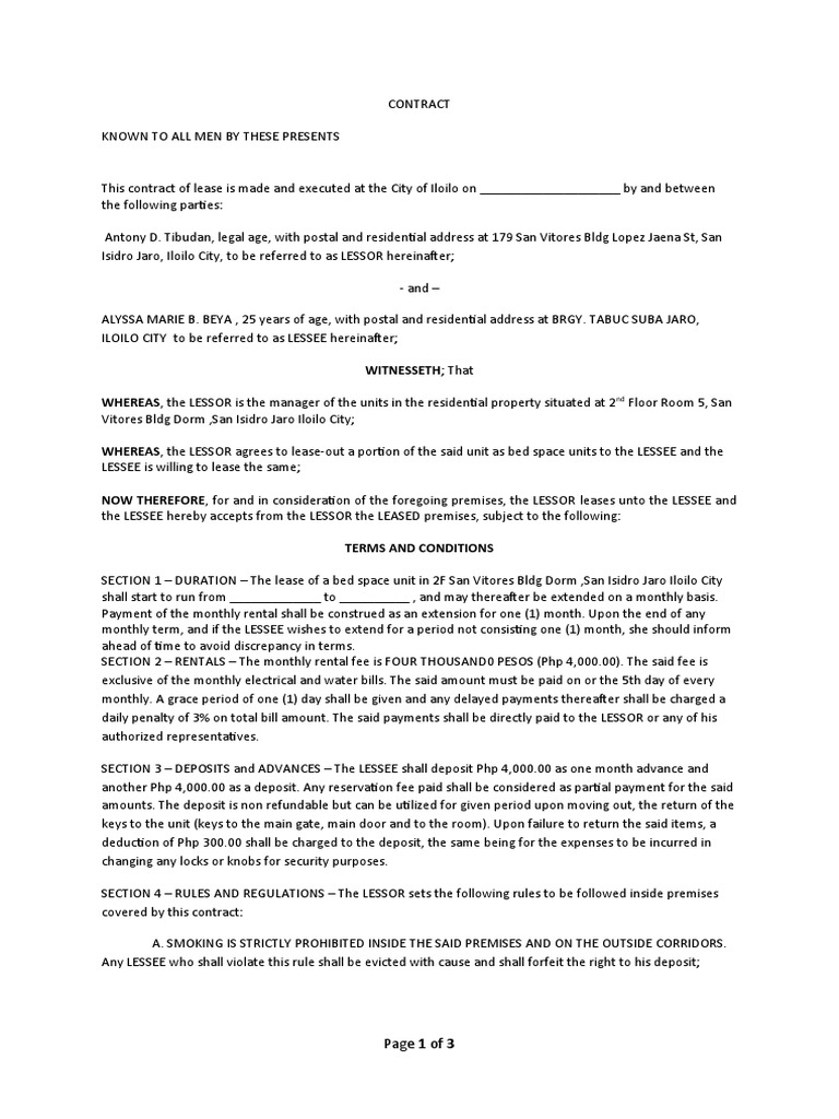 Bedspace Contract | PDF | Lease | Common Law