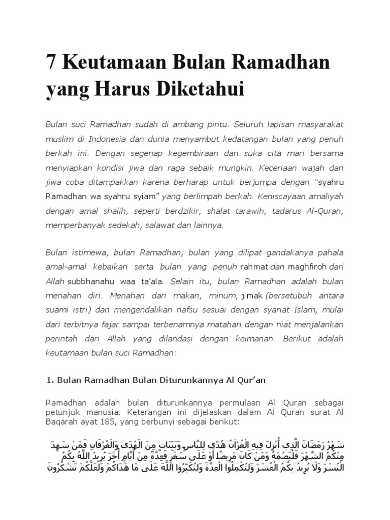 Materi Kultum Keutamaan Bulan Ramadhan | PDF